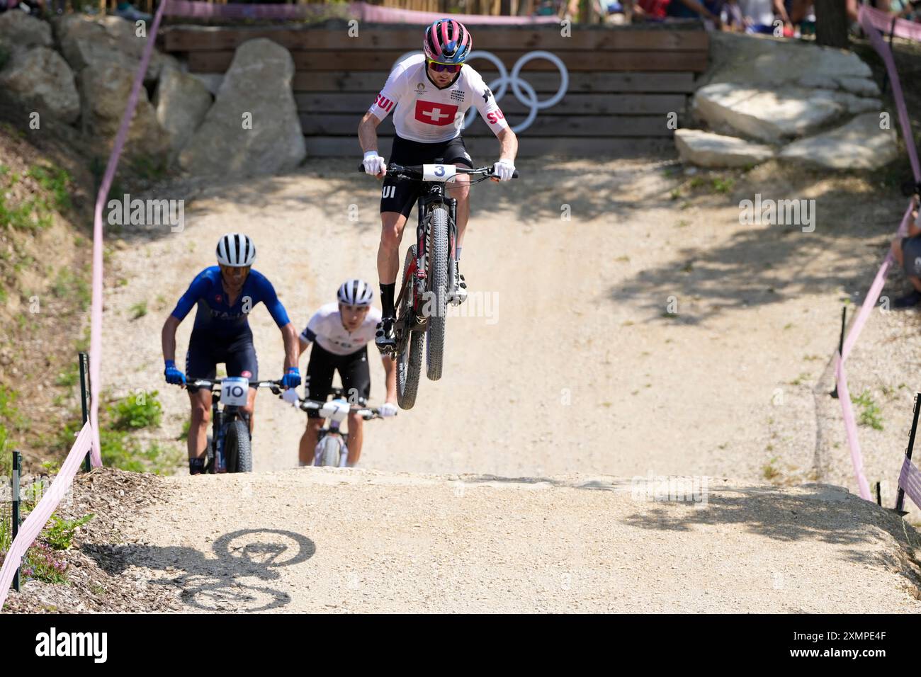 Mathias Flueckiger, of Switzerland, competes in the men's mountain bike ...