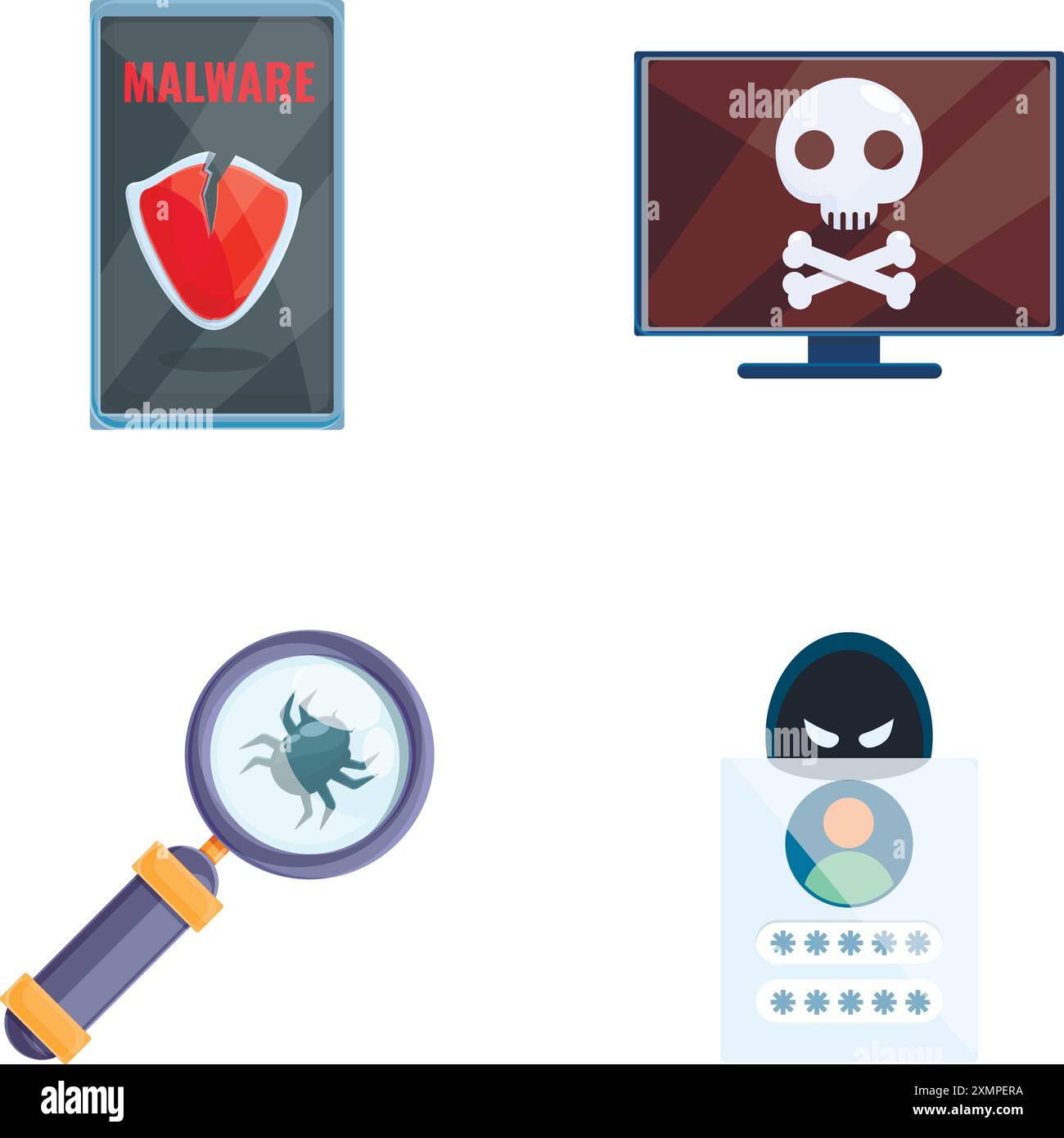 Cybercrime icons set cartoon vector. Computer bug, mobile spam and cyber attack. Internet ...