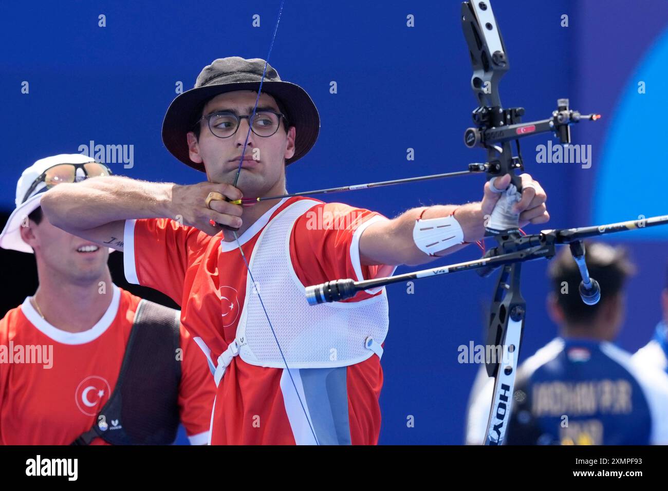 Turkey's Abdullah Yildirmis shoots during the men's team quarterfinals ...