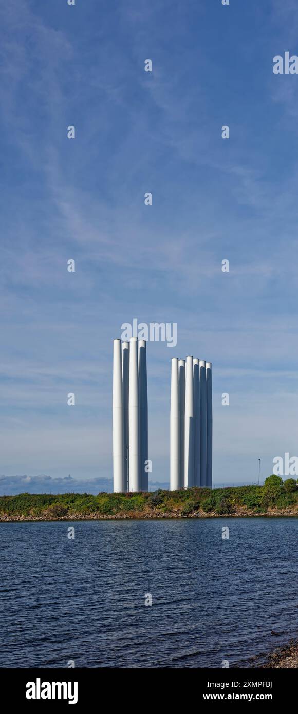 Tall Wind Turbine Towers standing upright at the Port of Dundee, ready ...