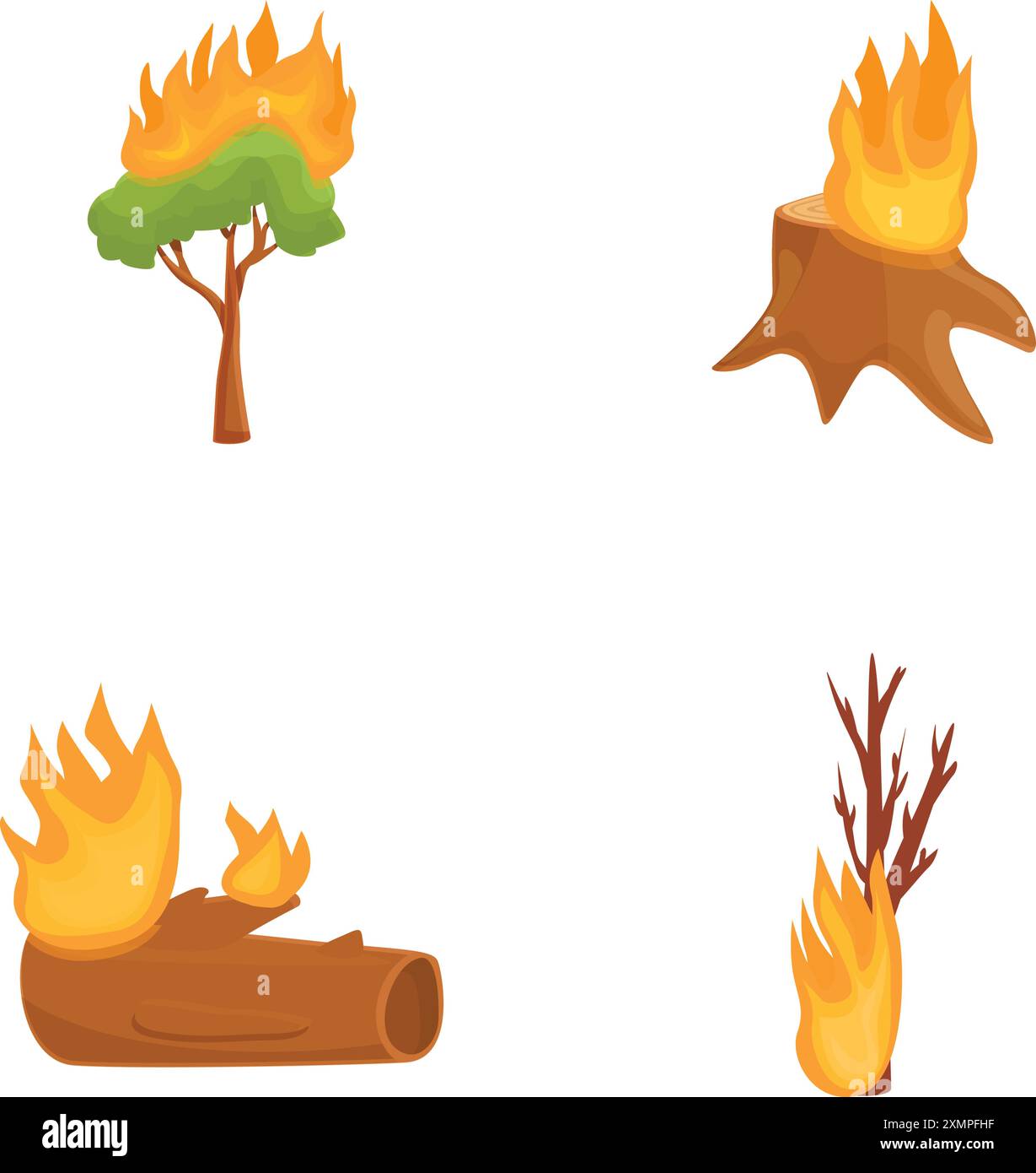 Burning wood icons set cartoon vector. Burning green and dry tree ...
