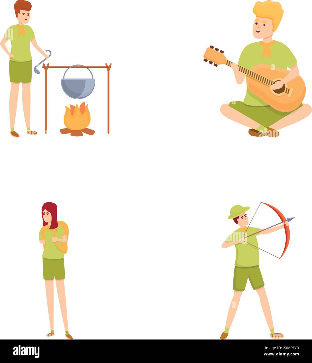 Summer camp icons set cartoon vector. Children outdoor scout summer ...