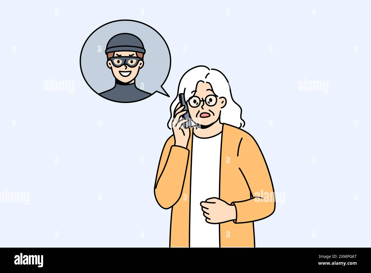 Elderly woman talking to telephone scammer who is trying to find out ...