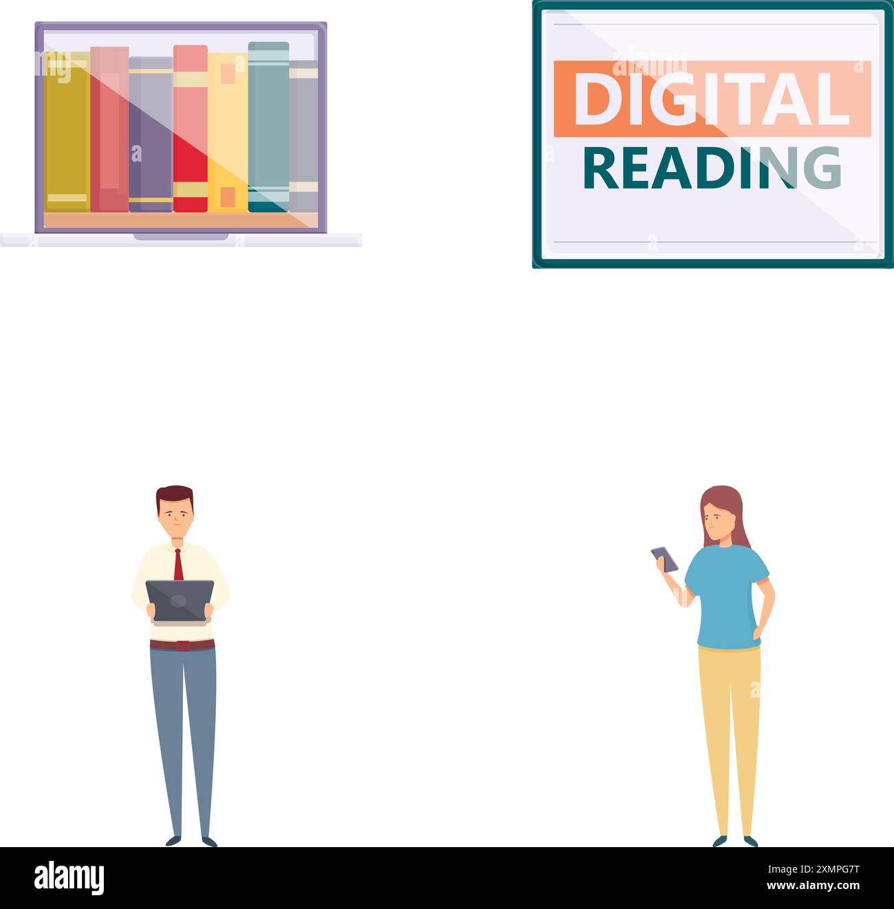 Digital reading icons set cartoon vector. People reading book in online ...