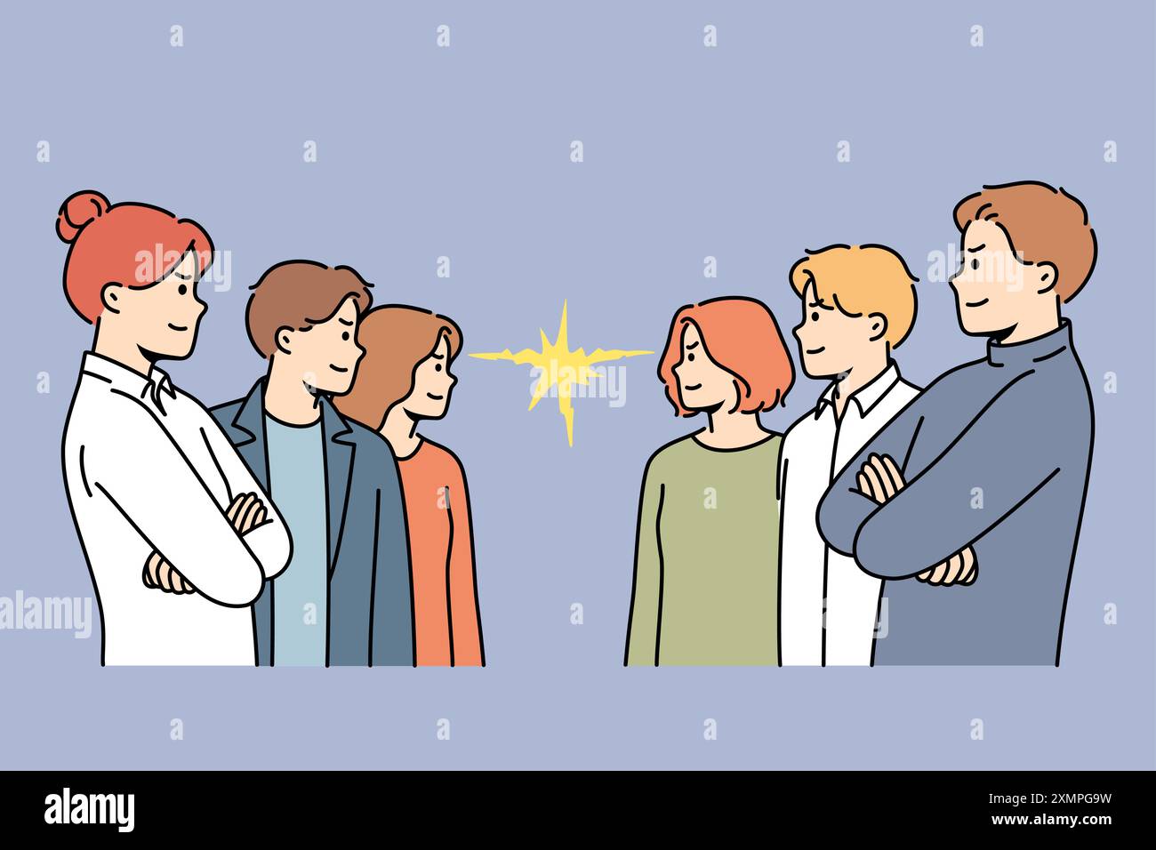 Groups of competing office workers look at each other demonstrating ...