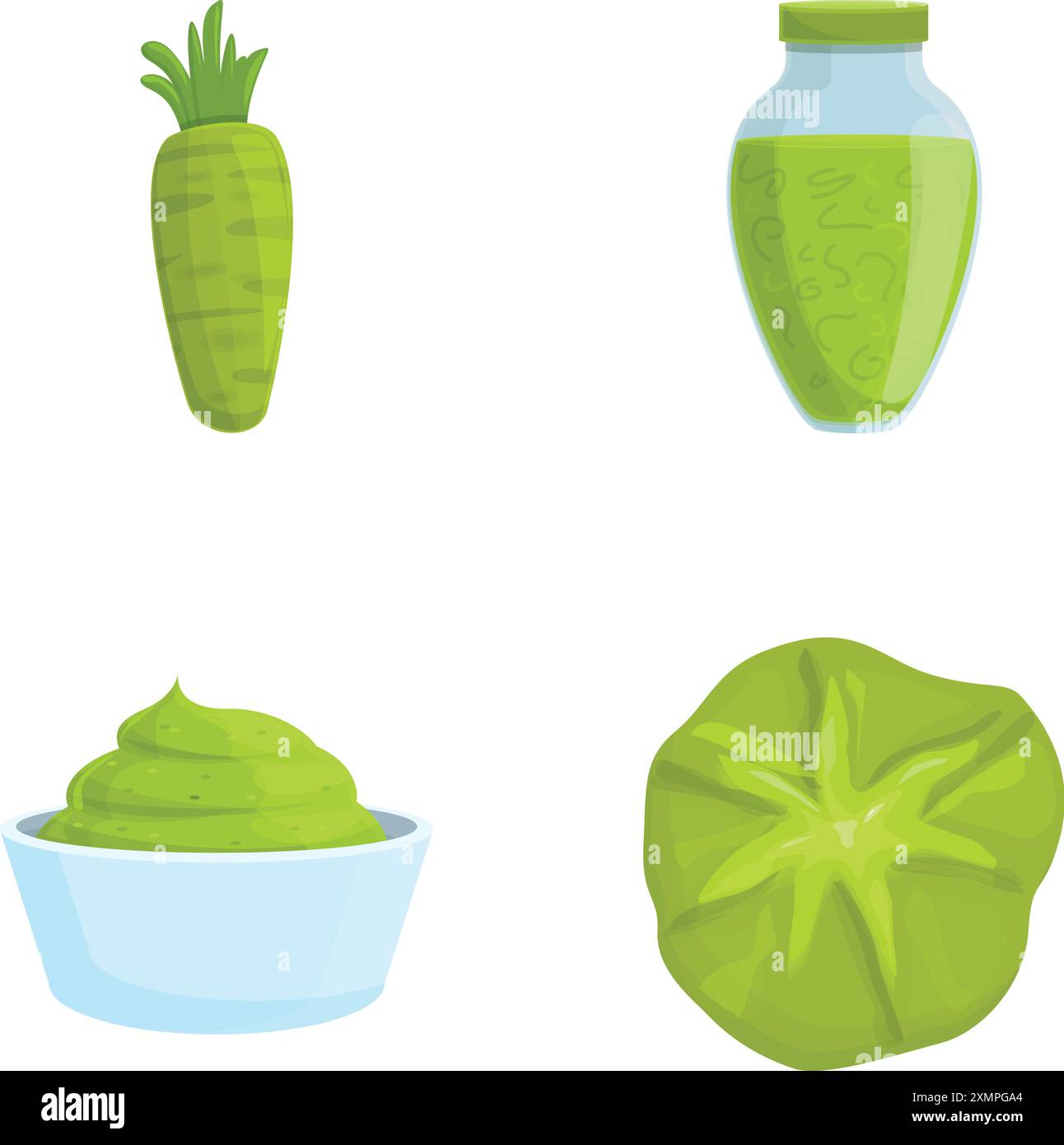 Spicy wasabi icons set cartoon vector. Fresh wasabi in bottle and bowl ...