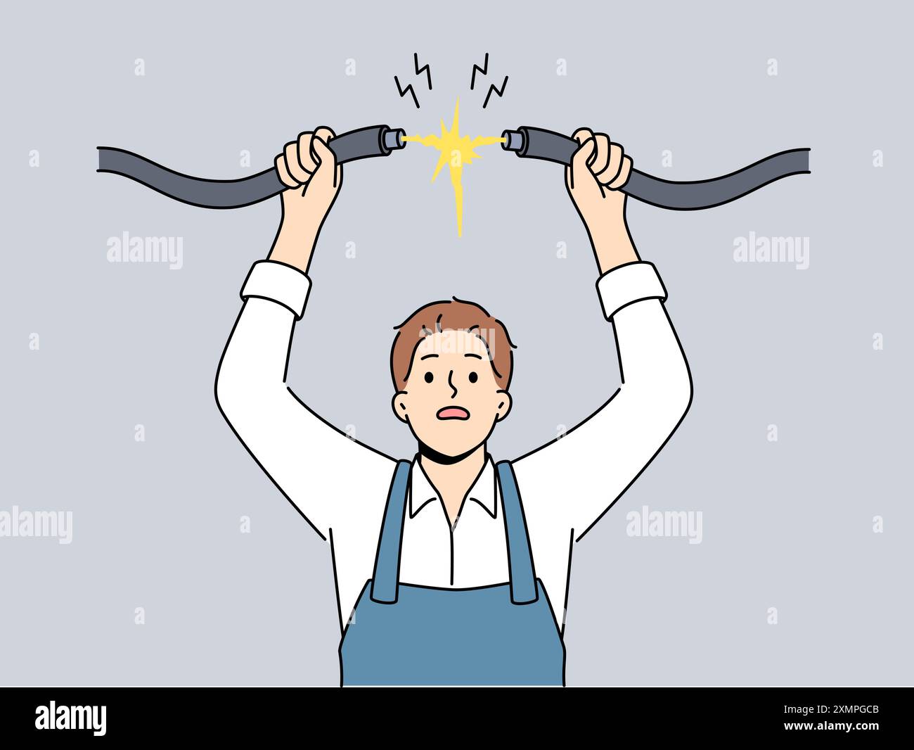 Man electrician connects high-voltage wire to electrify building ...