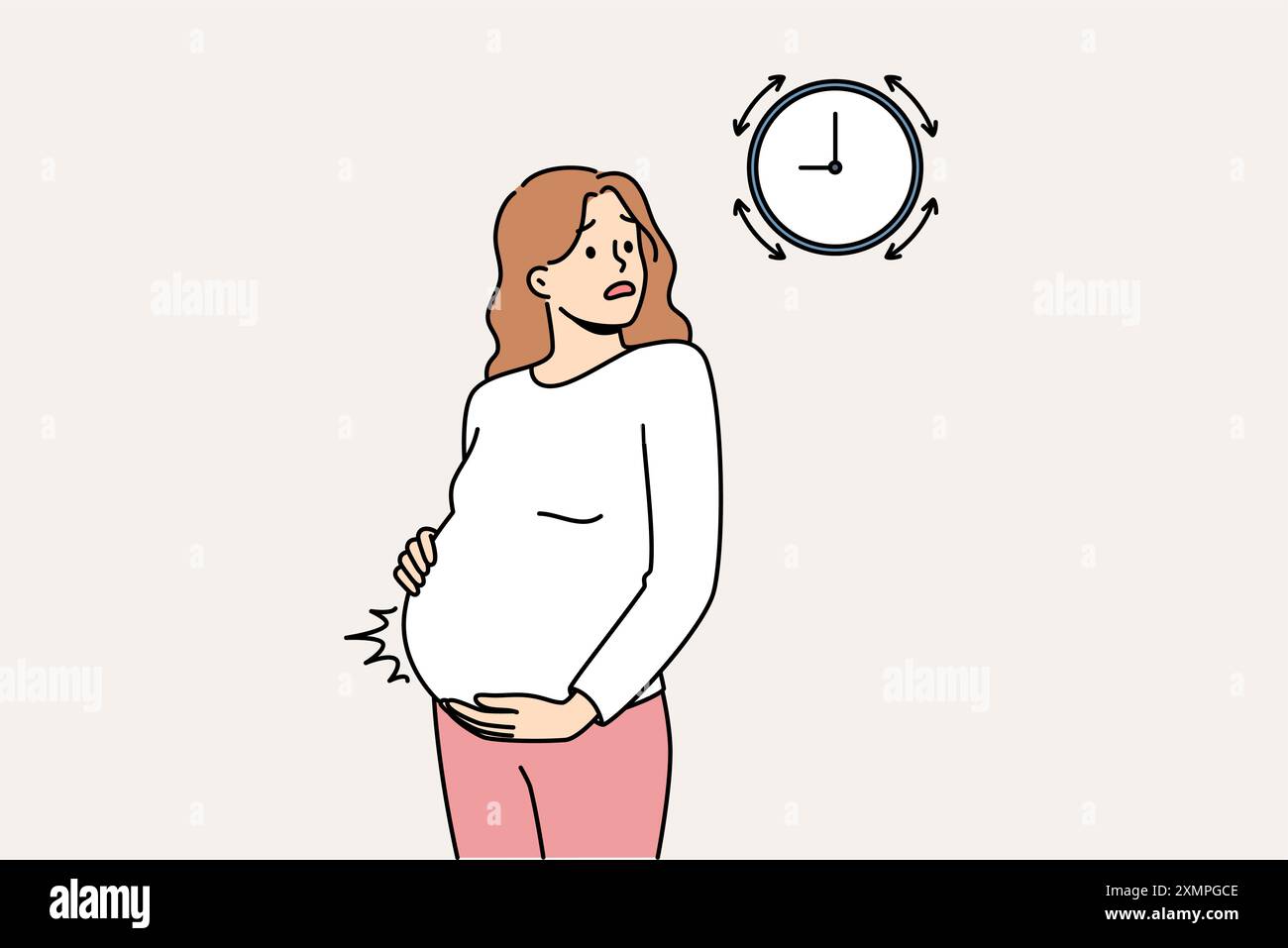 Pregnant woman measures contractions and looks at watch, waiting for ...