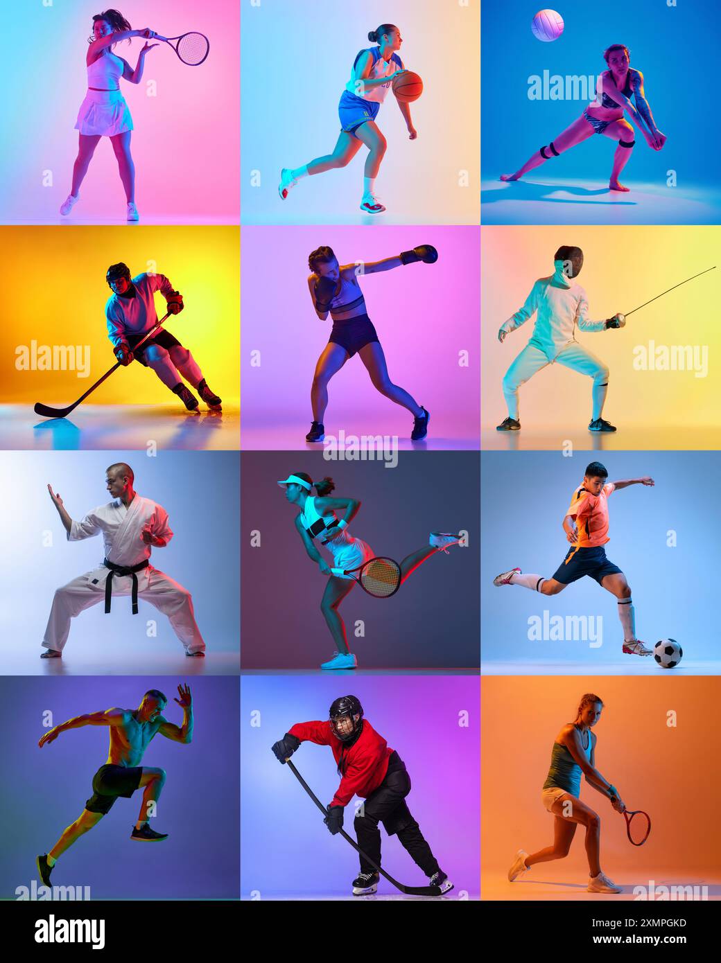 Collage. Athletes in action in neon light against vibrant colorful ...
