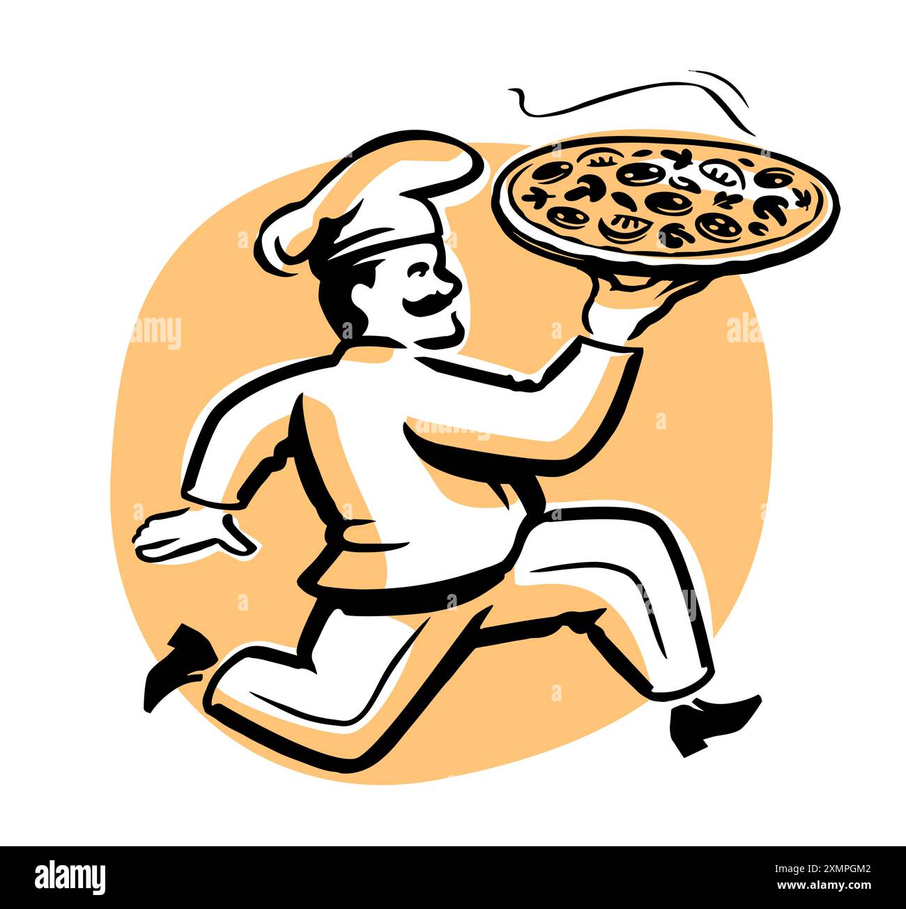 Running male chef with pizza on tray. Food delivery service logo ...