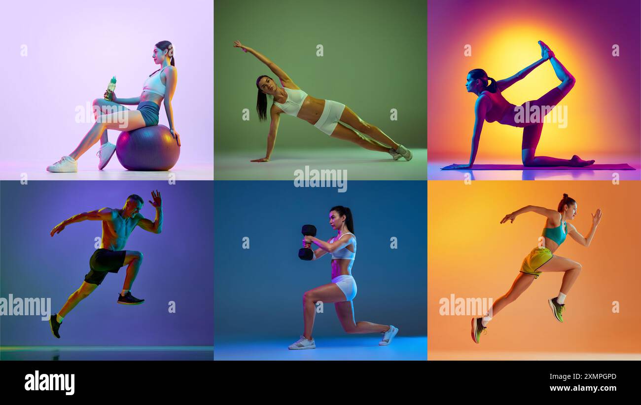 Healthy lifestyle. Collage made of photos of young athletic people ...
