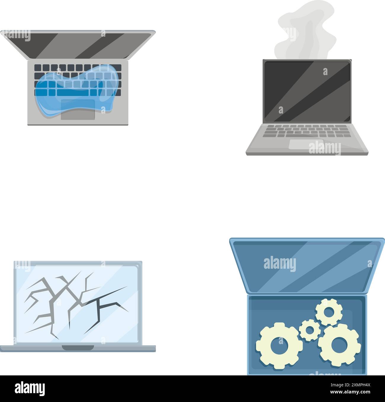 Notebook repair icons set cartoon vector. Various broken personal ...