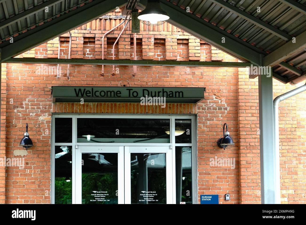 Sign for Durham, North Carolina Amtrak train station, serving the ...