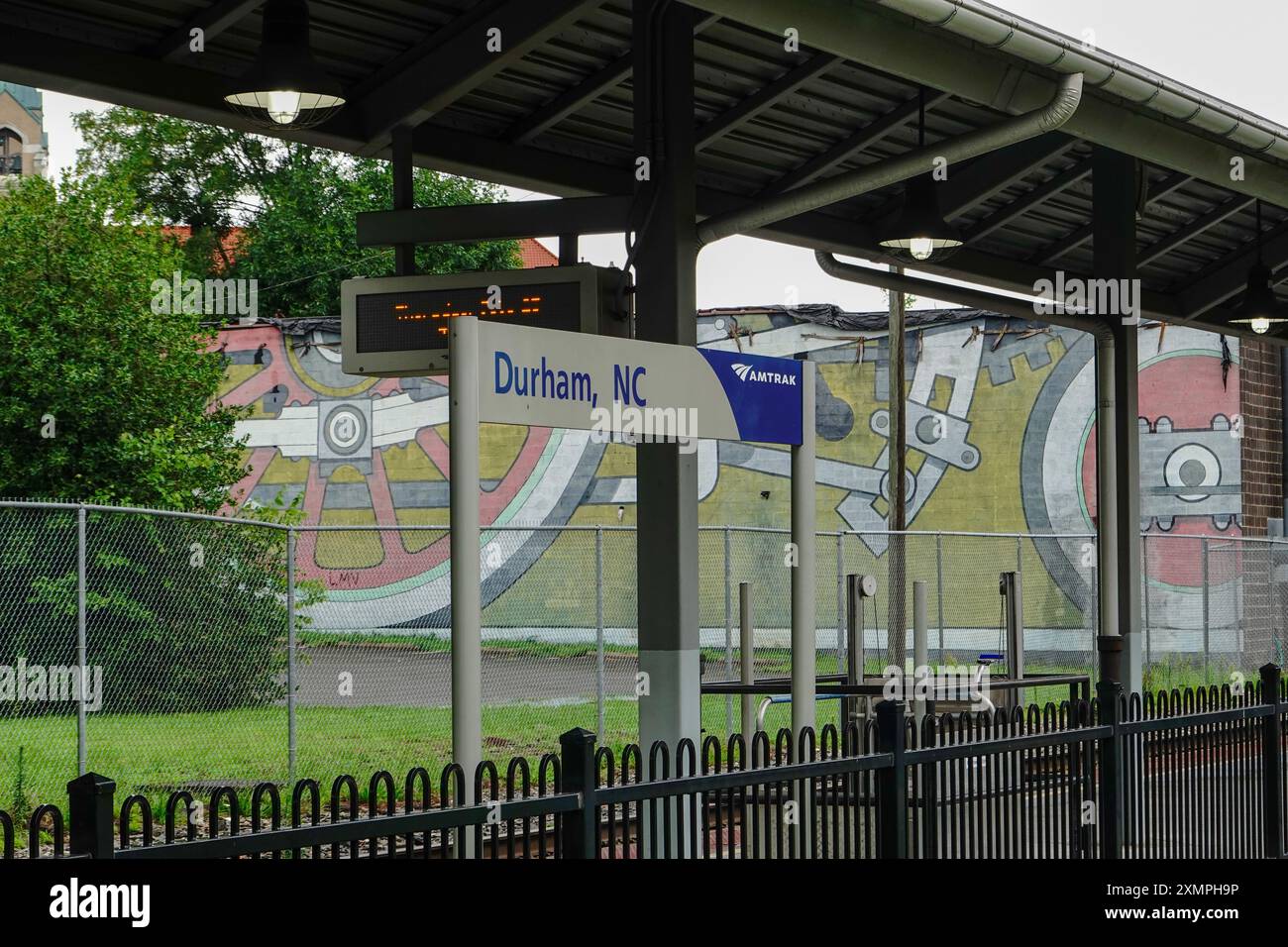 Sign for Durham, North Carolina Amtrak train station, serving the ...