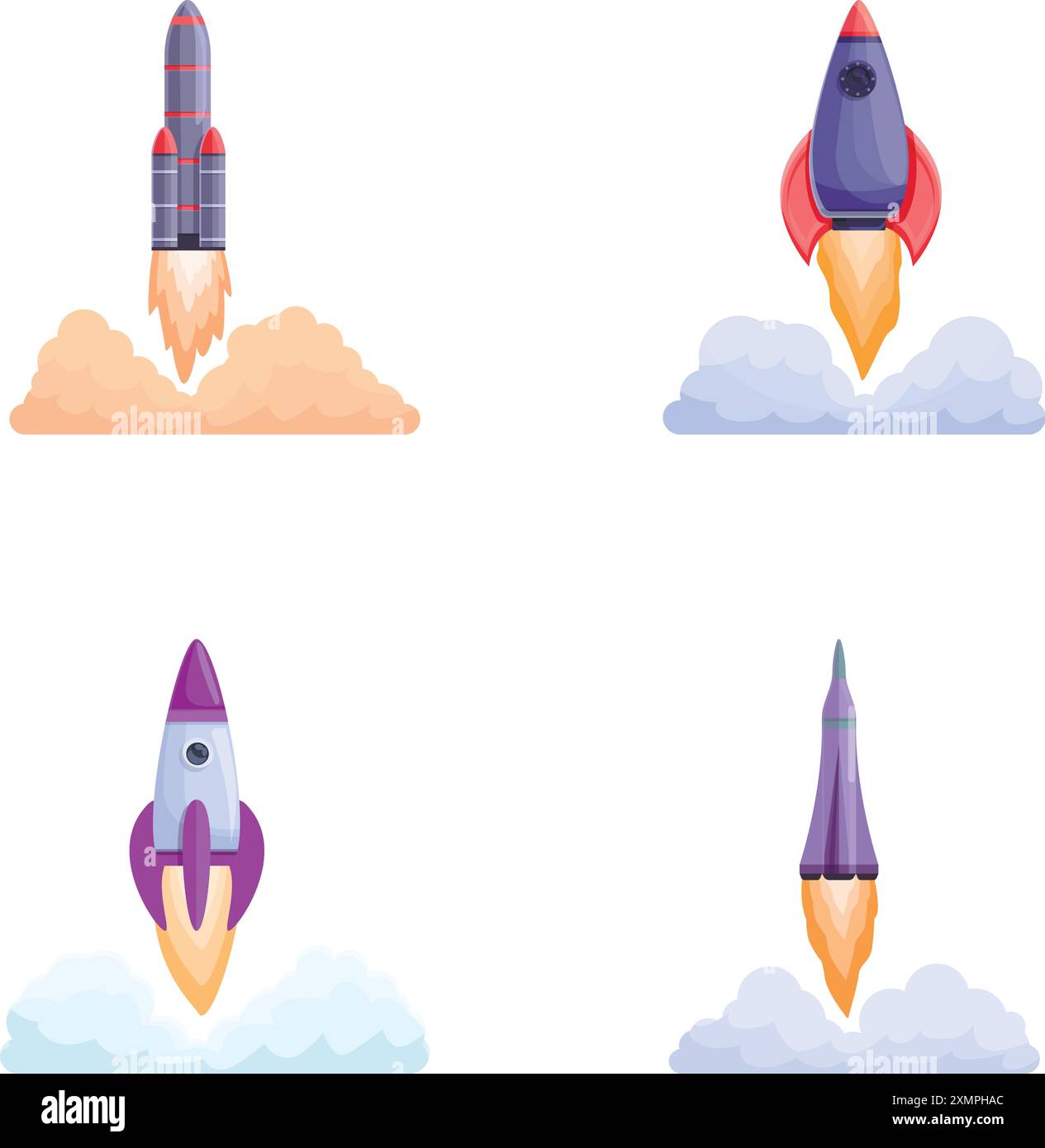 Space rocket icons set cartoon vector. Rocket launch and fire flame ...
