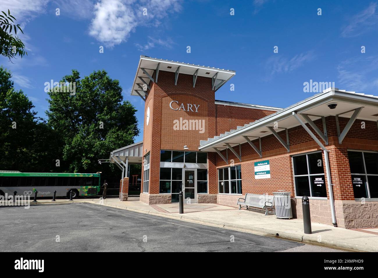 Local bus waiting outside Amtrak station, Cary, North Carolina, modern facility serving the ...