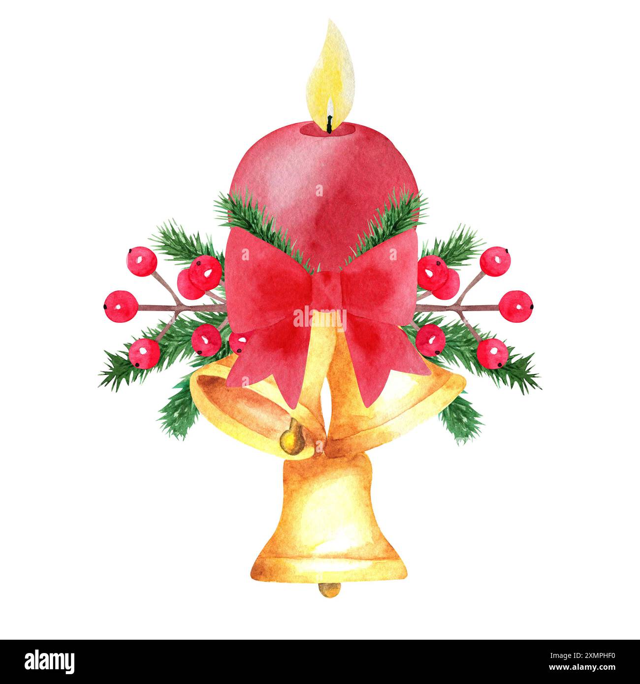 Christmas candle and bells arrangement, red bow and pine branch ...