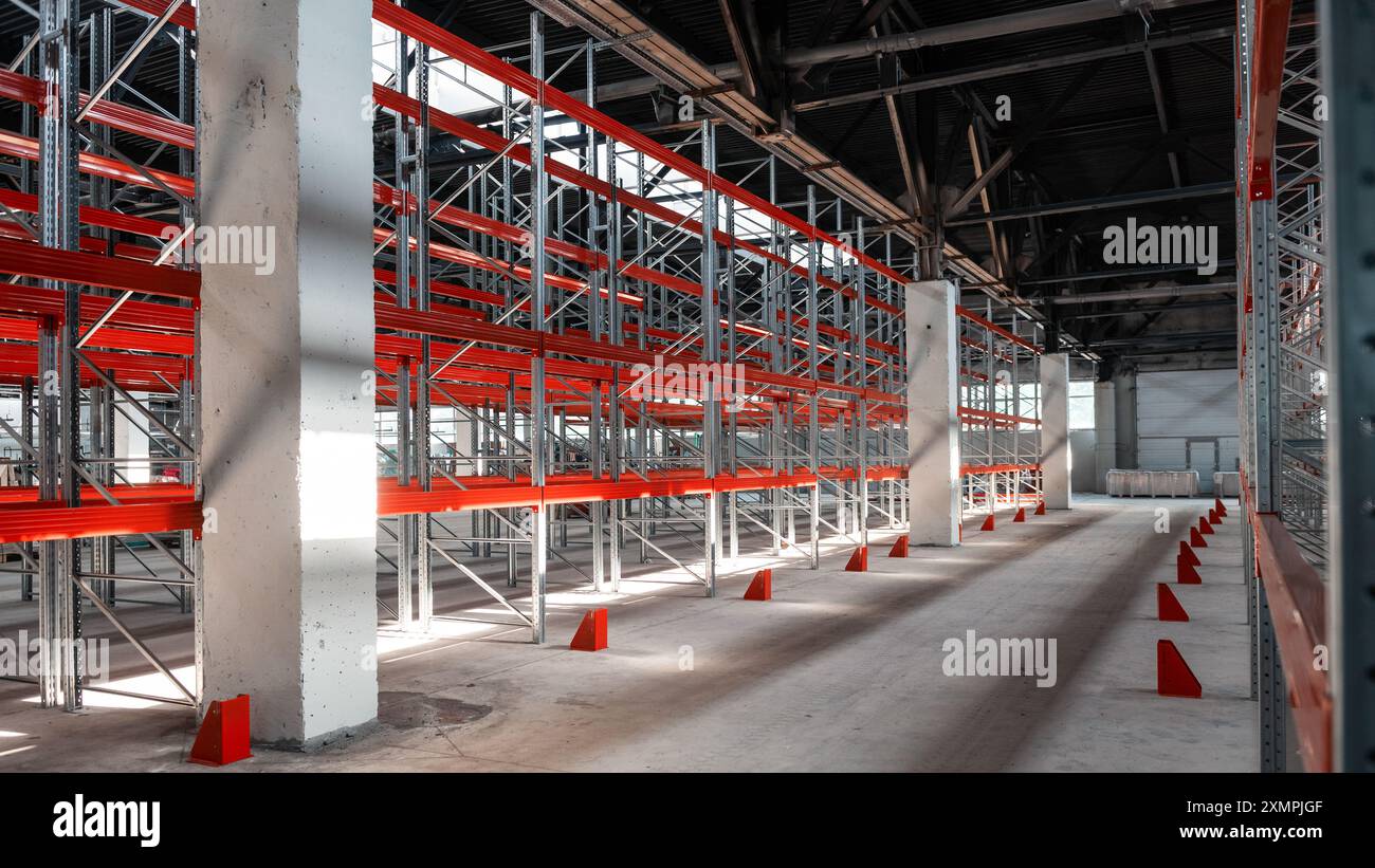 logistics warehouse concept with empty high pallet racks, shelving ...