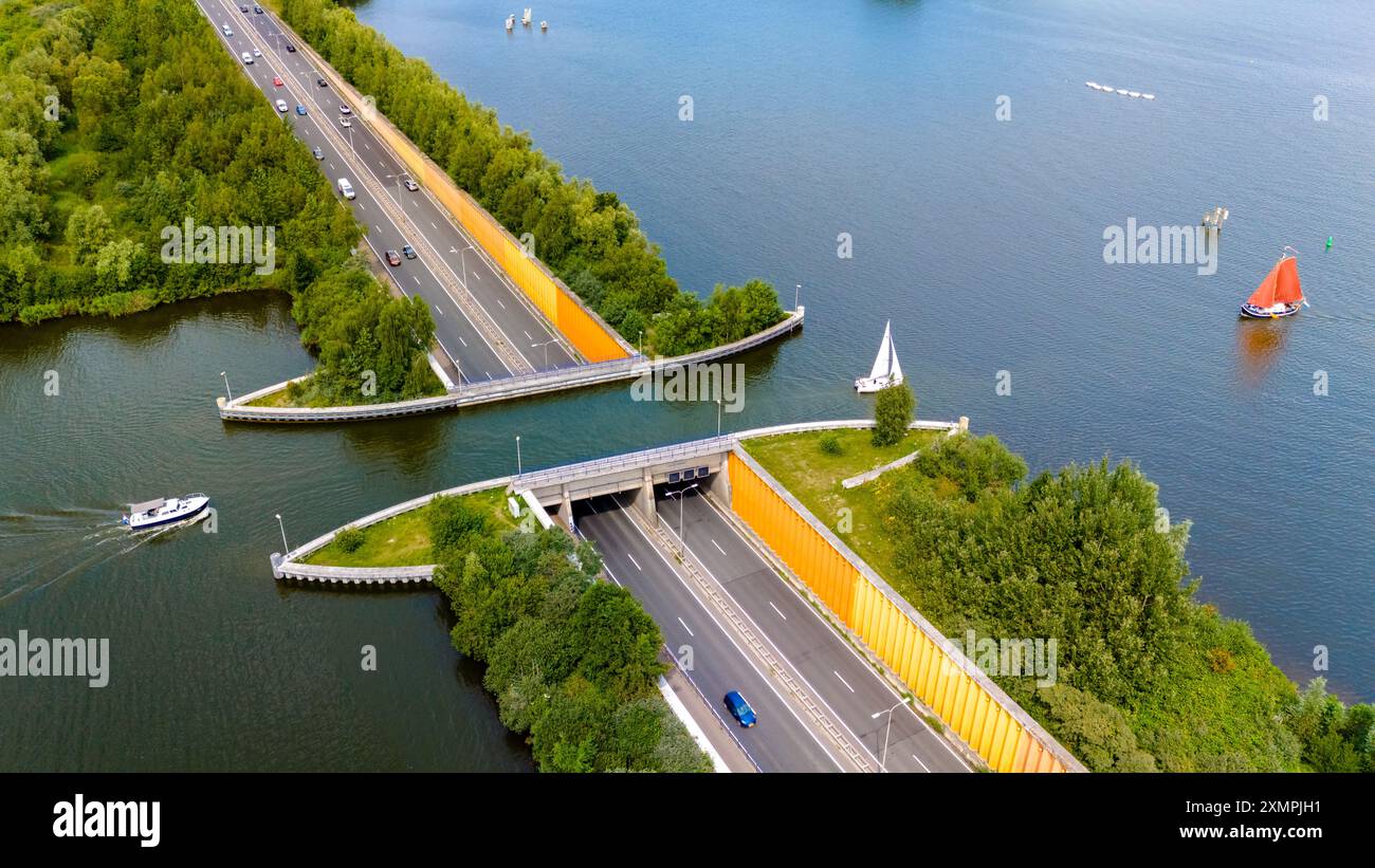 An aerial view of the Aquaduct Veluwemeer in the Netherlands, showing a ...