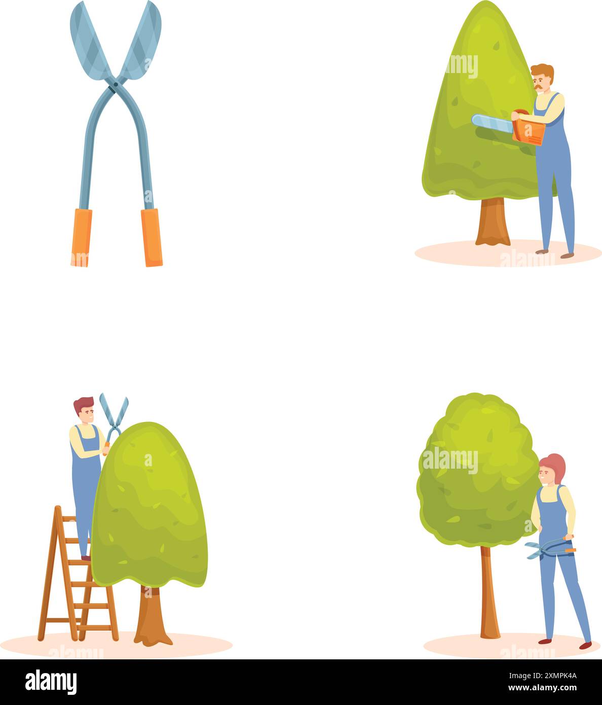 Pruning work icons set cartoon vector. Professional gardener with ...