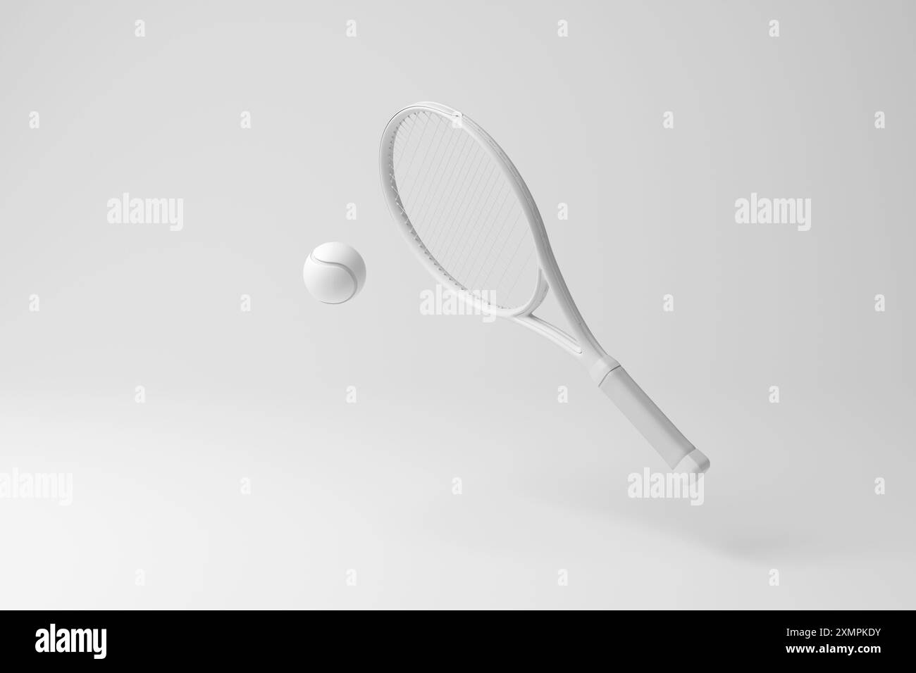 White tennis racket and tennis ball floating in mid air on white ...