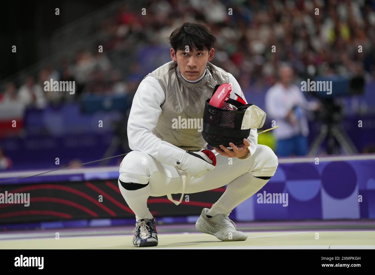 Paris, France. 29th July, 2024. Chen Yi-Tung of Chinese Taipei reacts after the Men's Foil ...