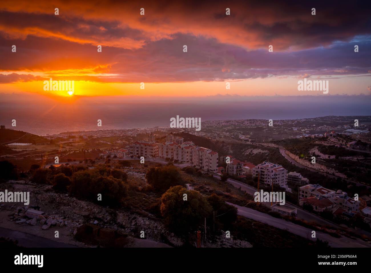 The scenic sunset over Mediterranean sea in Beirut, Lebanon capital, in ...