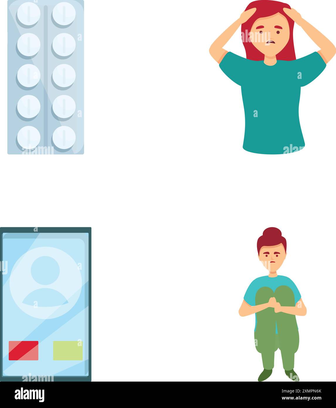 Panic attack icons set cartoon vector. Anxious and afraid woman ...