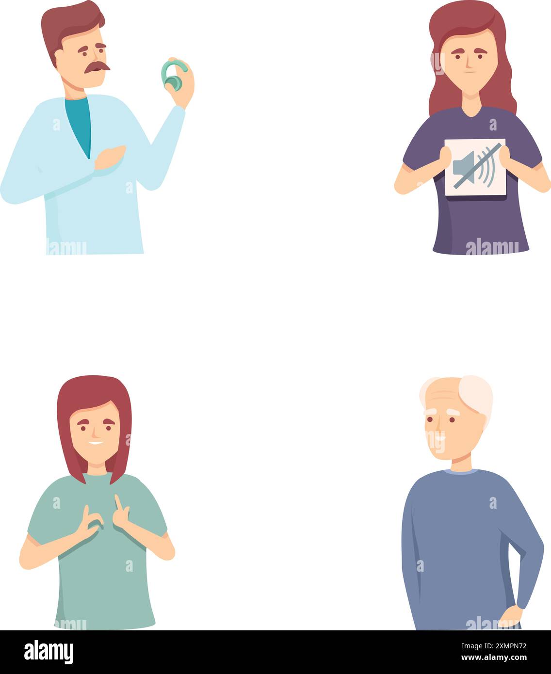 Deaf character icons set cartoon vector. Deaf people with hearing ...