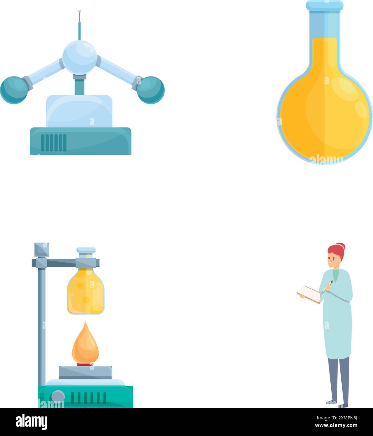 Laboratory experience icons set cartoon vector. Woman scientist in ...