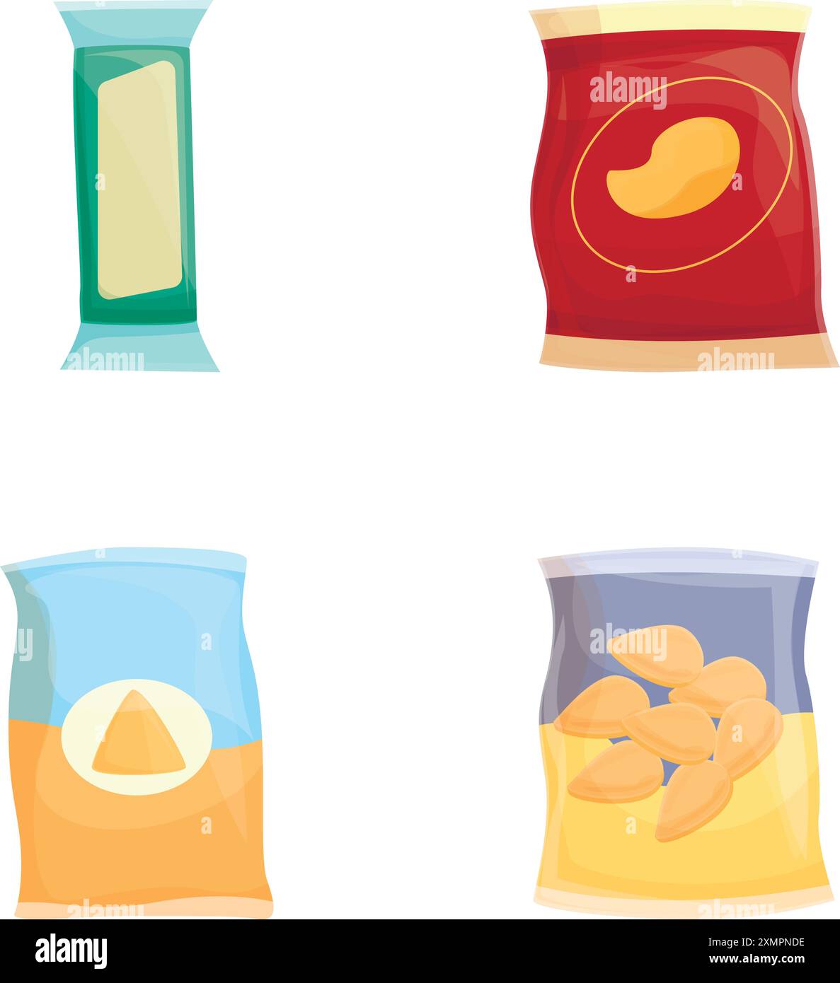 Packaged food icons set cartoon vector. Various type of packaged snack ...