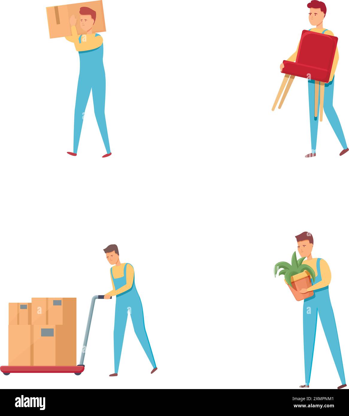 Moving service icons set cartoon vector. Worker in uniform carry ...
