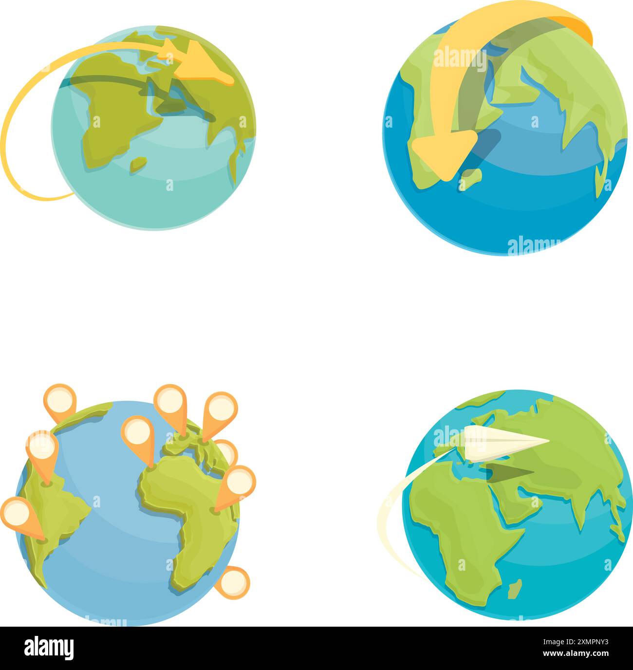 Around world icons set cartoon vector. Plane flies around earth. Travel ...