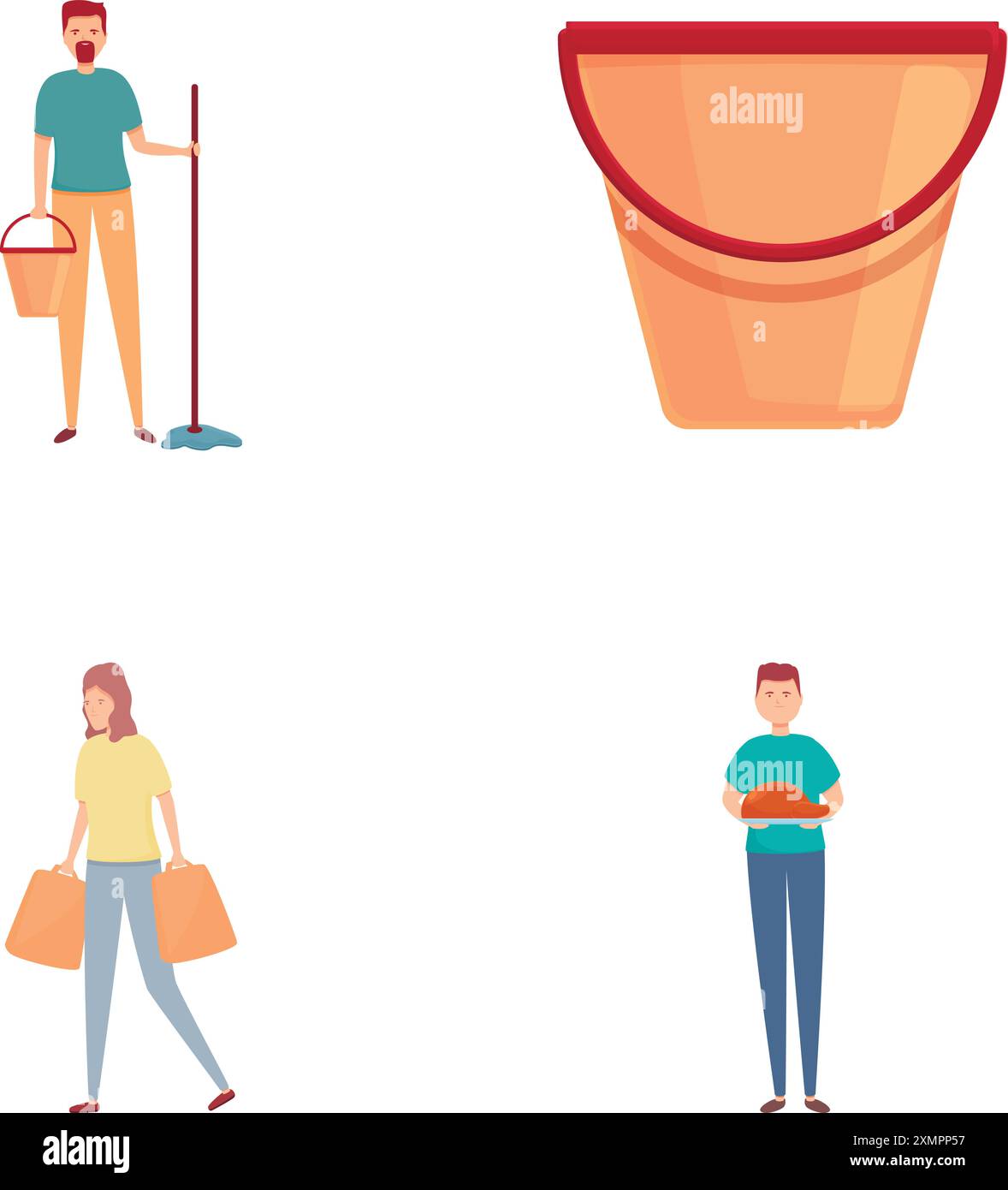 Housekeeping icons set cartoon vector. Man and woman doing household ...