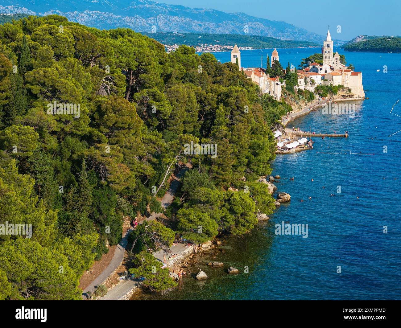 Aerial view of the old town of Rab and forest park, the Adriatic Sea in ...