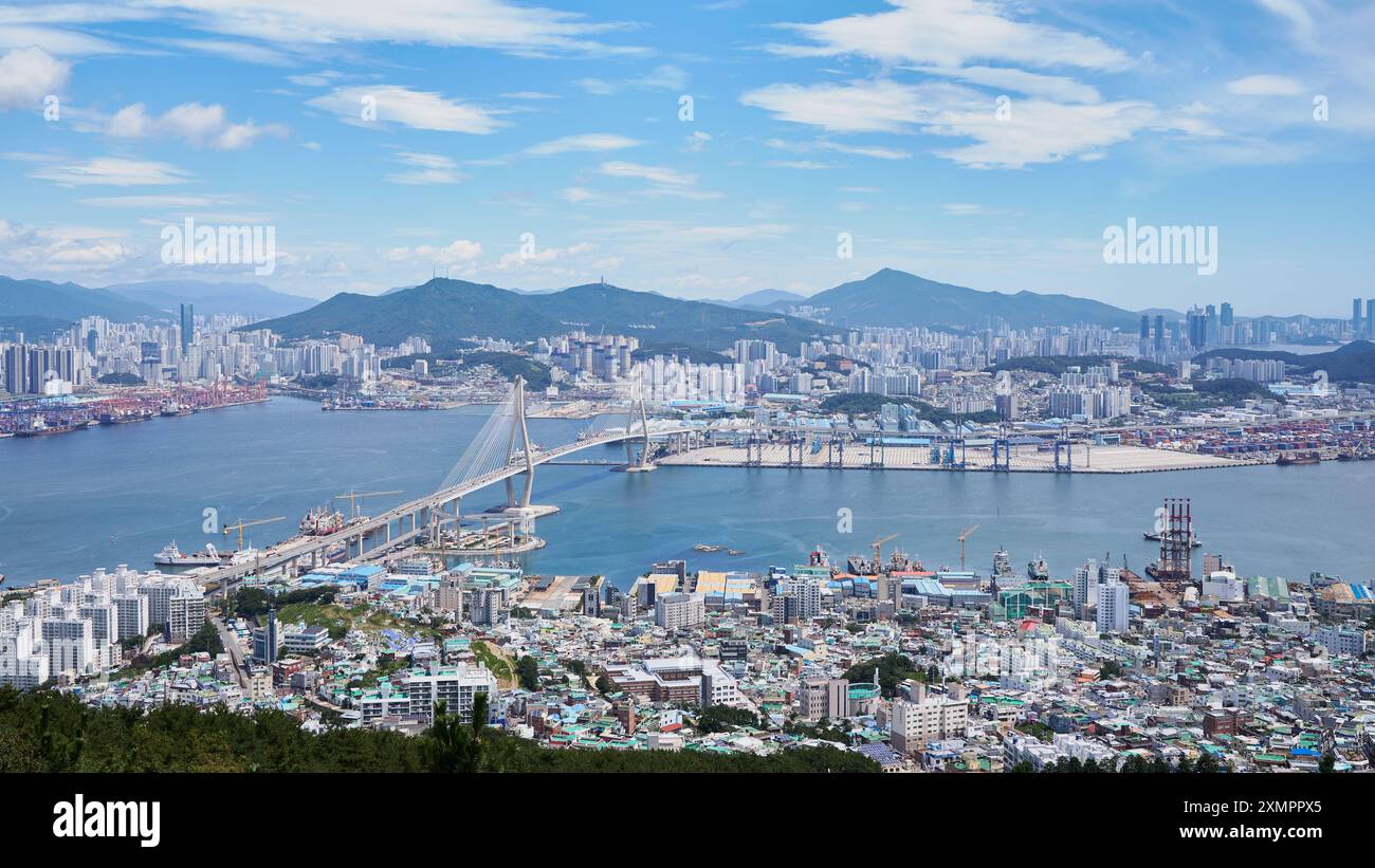 Beautiful view of Busan Harbor Bridge and teh Port of Busan in South ...