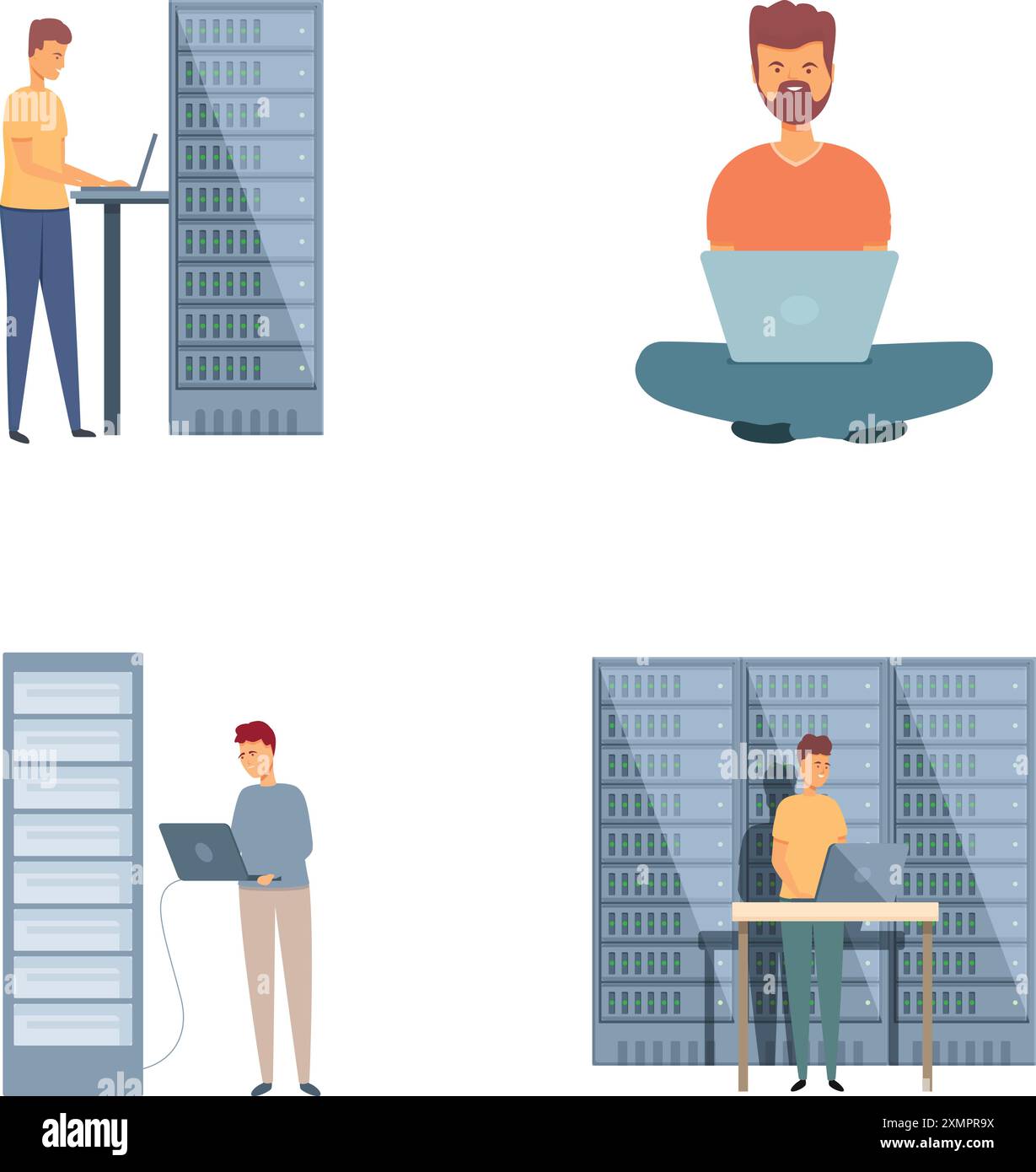 It administrator icons set cartoon vector. Sysadmin adjusting network connection. Service ...