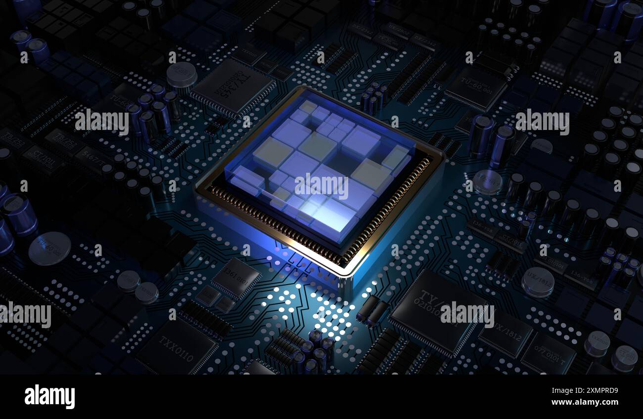 Computer processor and motherboard - 3D illustration Stock Photo - Alamy