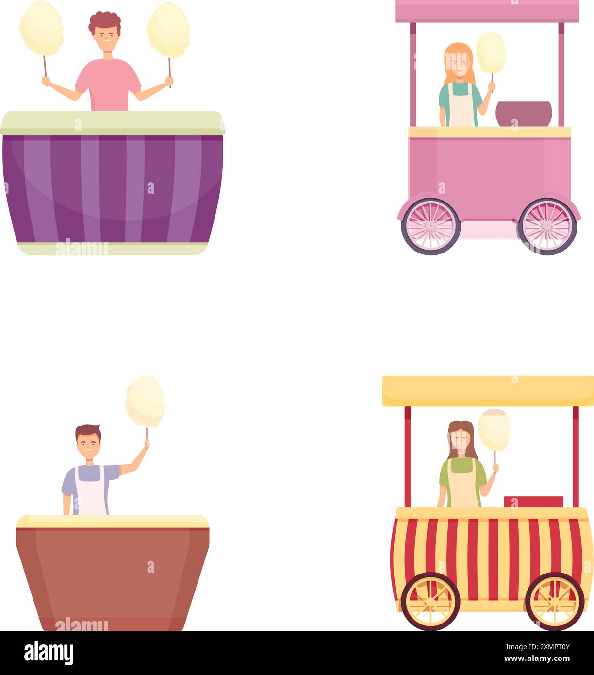 Candy cart icons set cartoon vector. Seller of cotton candy near ...