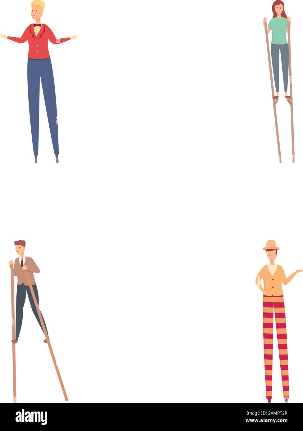 Carnival dancer icons set cartoon vector. Young people walking on stilt. Circus and street art ...