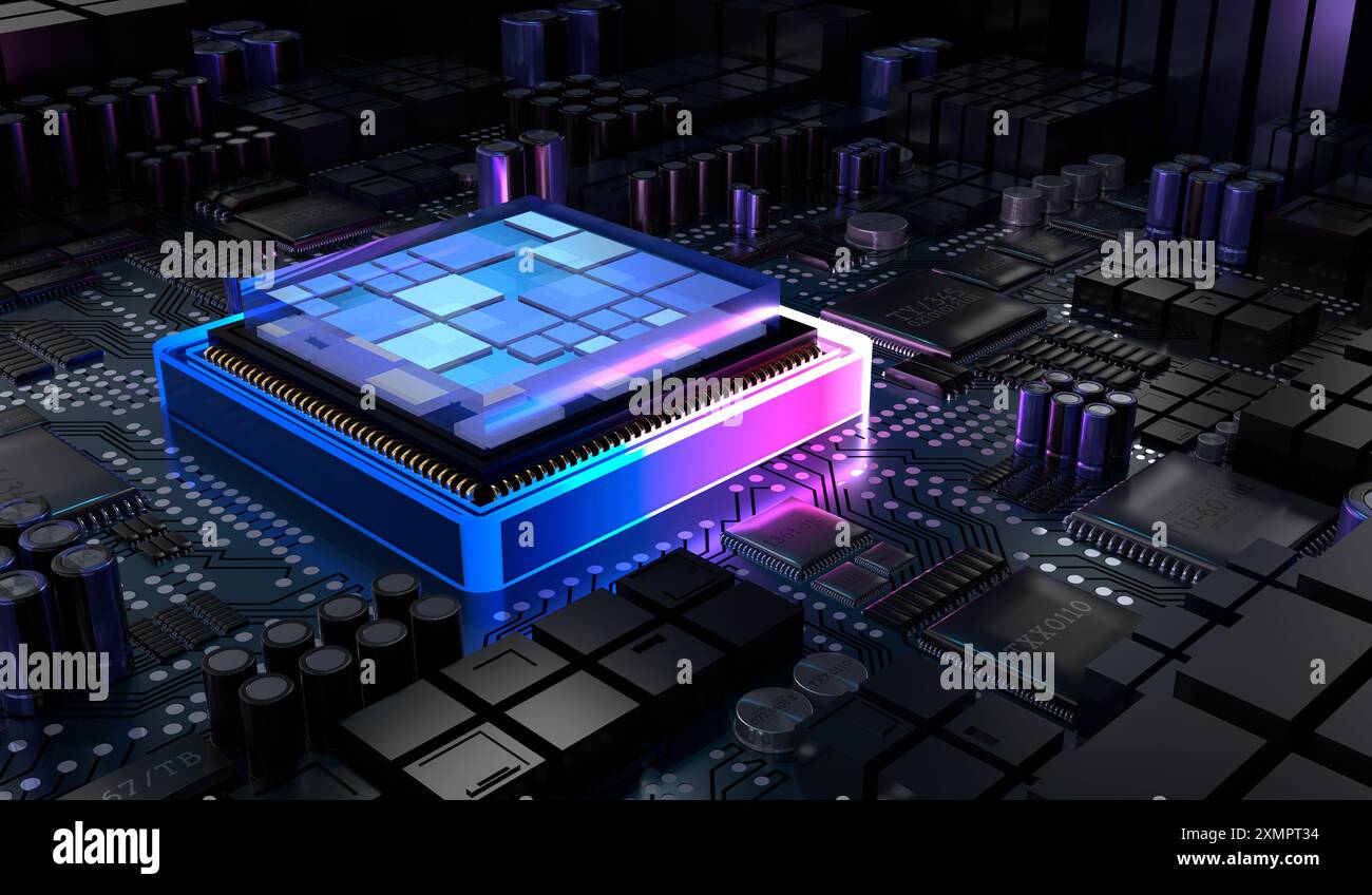 Computer processor and motherboard - 3D illustration Stock Photo - Alamy