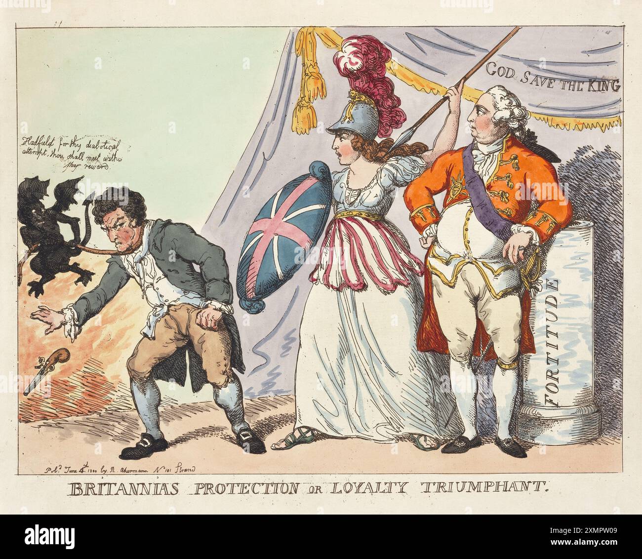 A humorous cartoon funny print coloured engraving of Britannia's ...