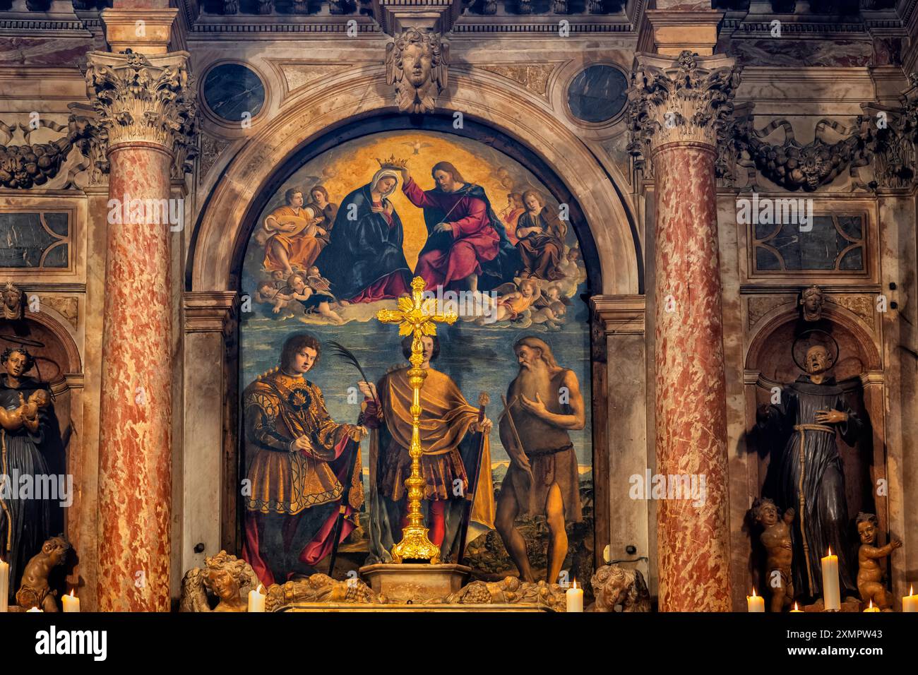 Church of San Zulian - Chiesa di San Giuliano (St Julian) interior in Venice, Italy. Altarpiece ...