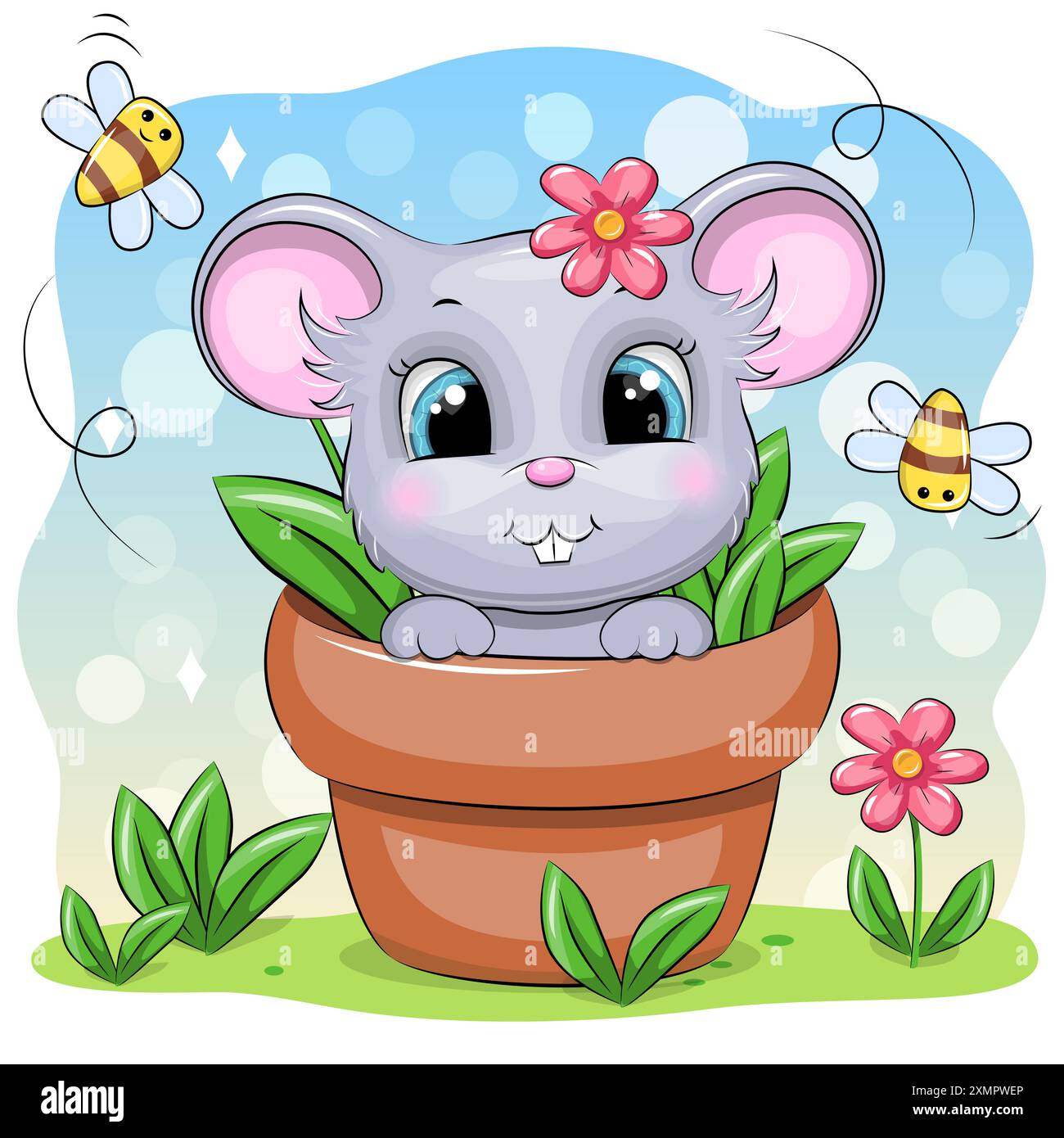Cute cartoon mouse in a flower pot with flowers and bees. Vector ...