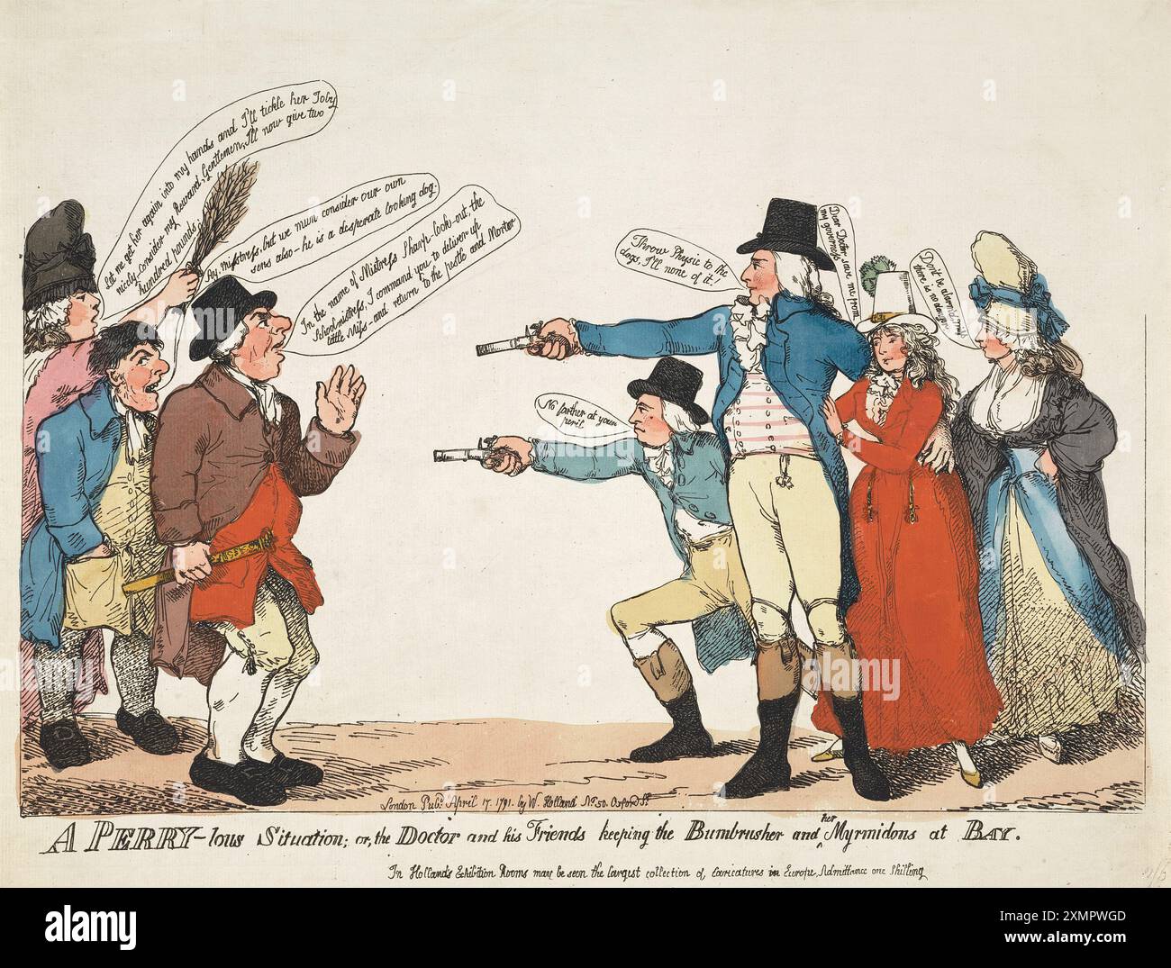 A humorous cartoon print coloured engraving of A Perry - lous situation ...