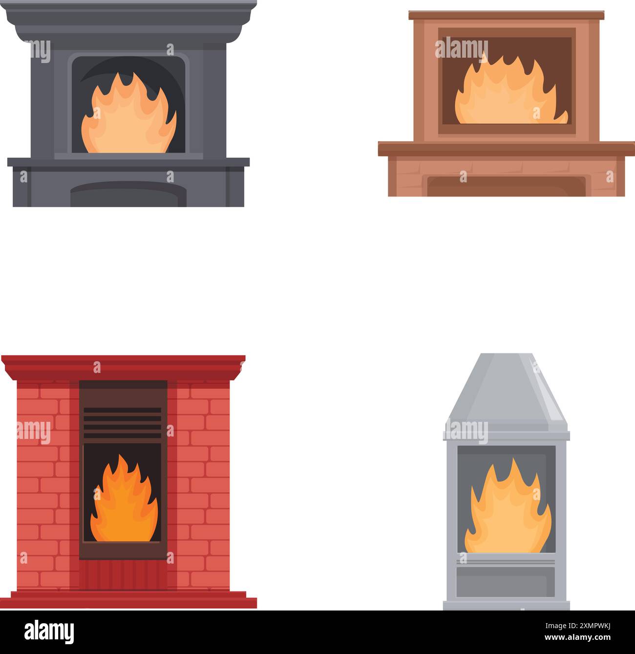 Fireplace icons set cartoon vector. House fireplace with firewood flame. Open fire source Stock ...