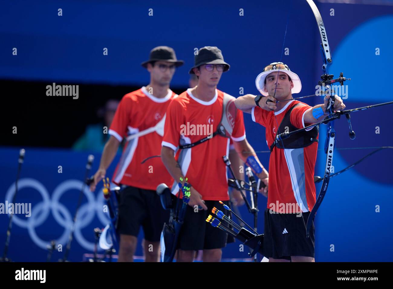 Turkey's Berkim Tumer shoots during the men's team semifinals Archery ...