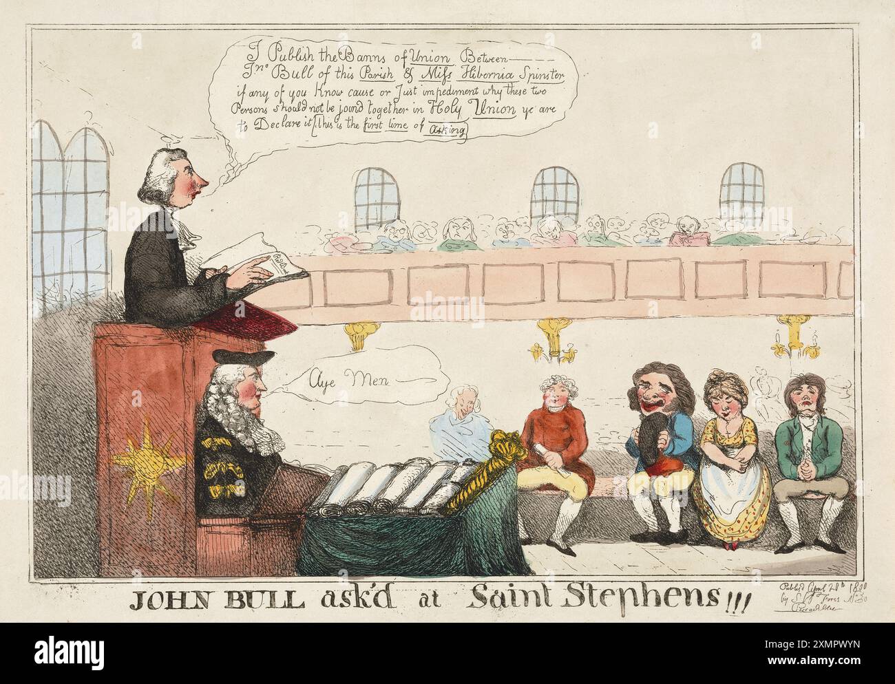 A vintage humorous cartoon print coloured engraving of John Bull ask'd ...