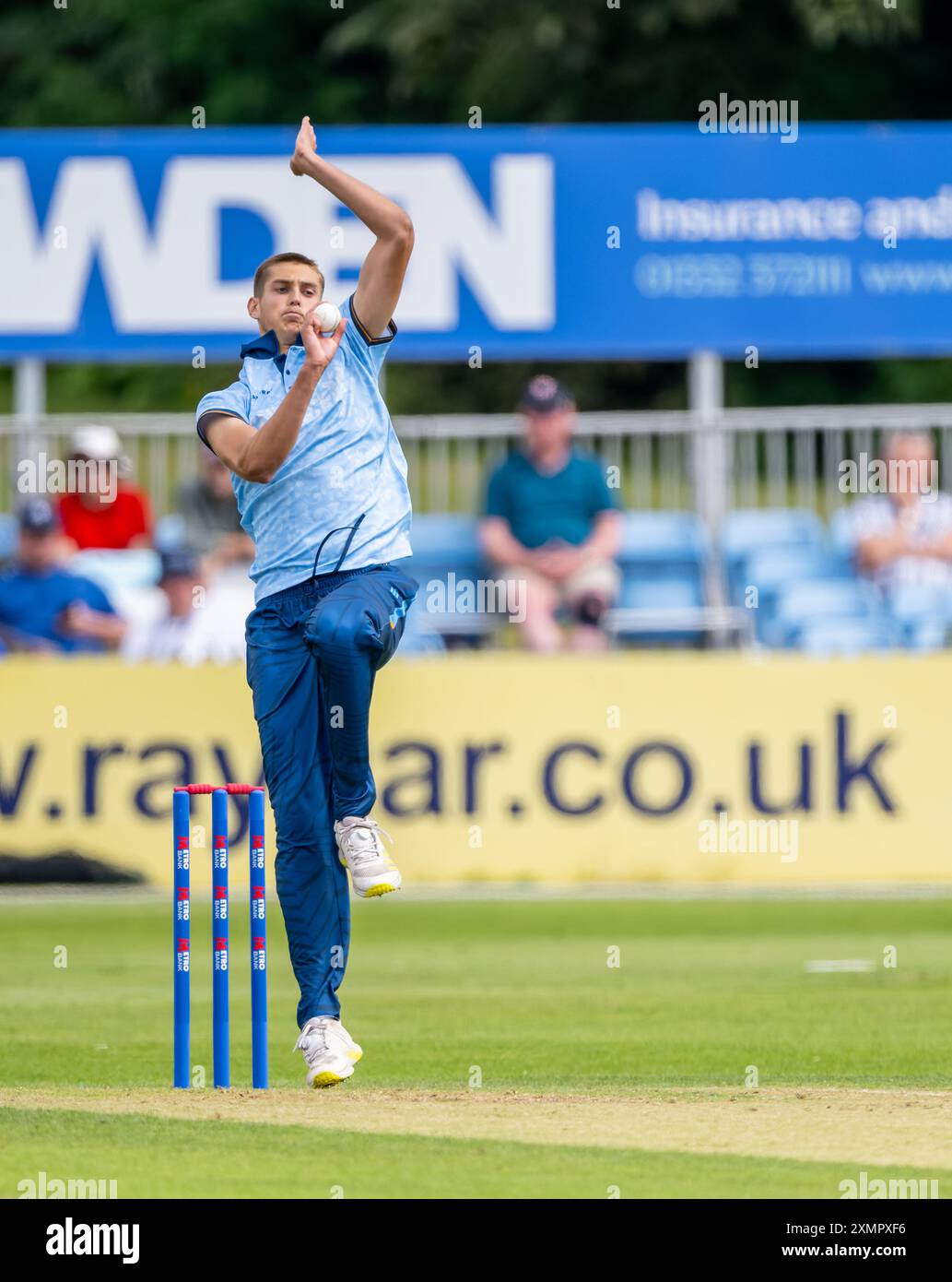 Harry Moore bowling for Derbyshire in a Metro Bank Cup One-Day Match ...