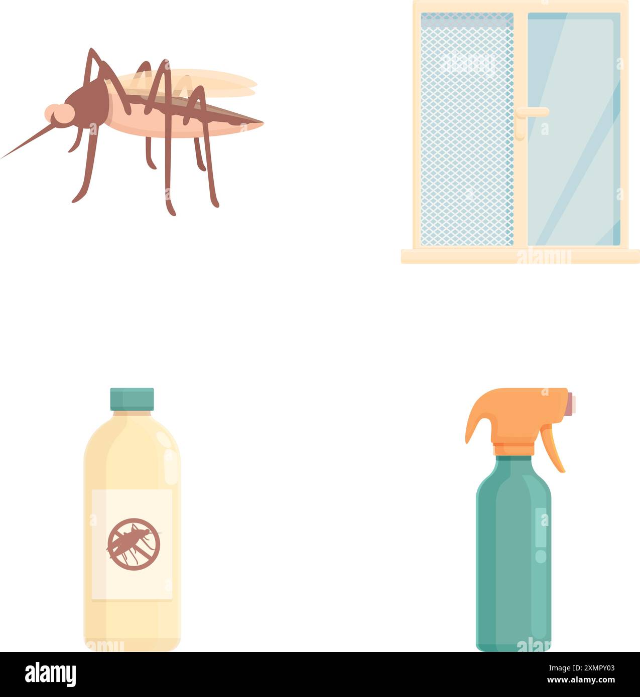 Set of four flat icons illustrating mosquito, window with screen ...
